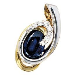 Kettenanh&auml;nger Jobo "Saphir-Anh&auml;nger 15 mm", gelbgold 585, blau, Schmuckanh&auml;nger, Damen, P1 = bei 10-facher Vergr&ouml;&szlig;erung erkennbare Einschl&uuml;sse, Diamanten Gelbgold 585 Wei&szlig;gold 585, Diamanten, Gelbgold 585, Wei&szlig;gold 585, Kettenanh&auml;nger, 14 Karat 585 Gelbgold Bicolor mit 8 Diamanten