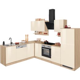 Winkelk&uuml;che KOCHSTATION "KS-Virginia,neu in verbesserter Ausf&uuml;hrung", beige (k&uuml;che: natur, front: creme hochglanz, korpus: eiche sonoma, arbeitsplatte: eiche sonoma), B:220cm H:200cm T:60cm, Komplettk&uuml;chen-Sets, Stellbreite 220/280 cm, Soft-Close,wahlweise mit E-Ger&auml;ten