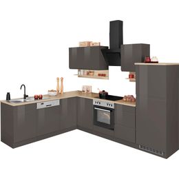 Winkelk&uuml;che KOCHSTATION "KS-Virginia,neu in verbesserter Ausf&uuml;hrung", grau (k&uuml;che: grau, front: grau hochglanz, korpus: graphit, arbeitsplatte: eiche sonoma), B:220cm H:200cm T:60cm, Komplettk&uuml;chen-Sets, Stellbreite 220/280 cm, Soft-Close,wahlweise mit E-Ger&auml;ten