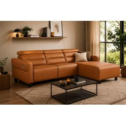 Ecksofa OTTO HOME "Carpari, L-Form, 263 cm, manuelle o. elektrische Relaxfunktion", braun (cognac), B:263cm H:97cm T:179cm, Sofas, Ecksofa, USB A/C und Kopfteilverstellung