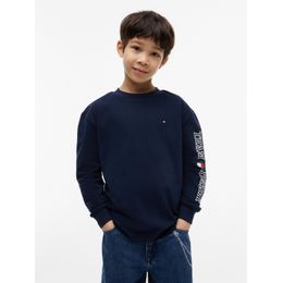 Langarmshirt Tommy Hilfiger, Jungen, Gr. 3 (98), blau (schwarz night navy), Single Jersey, Obermaterial: 100% Baumwolle, unifarben, regular fit normal, Rundhals, B&uuml;ndchen, Shirts Langarmshirt, Regular Fit, Kinder bis 16 Jahre, Druck auf einem Arm