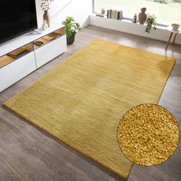 Wollteppich Theko "Gabbeh Uni, Handgefertigt, meliert, auch als L&auml;ufer erh&auml;ltlich, Wolle" Gr. 1, gelb (senfgelb), B:60cm H:14mm L:90cm, Wolle, Teppiche, Schlafzimmer, Wohnzimmer, Esszimmer, auch als L&auml;ufer oder rund