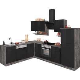 Winkelk&uuml;che KOCHSTATION "KS-Virginia,neu in verbesserter Ausf&uuml;hrung", schwarz (k&uuml;che: schwarz, front: schwarz hochglanz, korpus: eiche vintage, arbeitsplatte: eiche vintage), B:220cm H:200cm T:60cm, Komplettk&uuml;chen-Sets, Stellbreite 220/280 cm, Soft-Close,wahlweise mit E-Ger&auml;ten