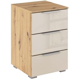 Nachtkommode Rauch "Nachttisch Nachtkonsole Nachtschrank KOLUNA mit Glasfront", beige (eiche artisan, glas beige (champagner)), B:40cm H:61cm T:42cm, Holzwerkstoff, Sideboards, mit 3 ger&auml;umigen Schubladen f&uuml;r viel Stauraum MADE IN GERMANY