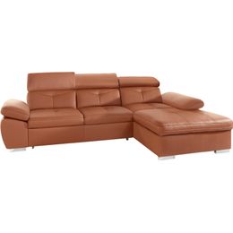 Ecksofa exxpo - SOFA FASHION "Spring, super bequem, mit Armteil- und Kopfteilfunktion", braun (cognac), B:284cm H:81cm T:181cm, Luxus-Microfaser (100% Polyester);Struktur (100% Polyester);NaturLEDER (echtes Rindsleder) in Sitz und R&uuml;cken. Korpus in passendem Kunstleder SOFTLUX bezogen, Sofas, Ecksofa, L-Form, wahlweise mit Bettfunktion und Bettkasten