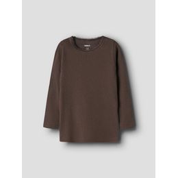 Langarmshirt name it "NMFKAB LS TOP NOOS", M&auml;dchen, Gr. 104, french roast, Feinripp, Obermaterial: 57% Baumwolle, 38% Modal, 5% Elasthan, unifarben, regular fit h&uuml;ftbedeckend, Rundhals, abgesteppte Kante, Shirts Langarmshirt, in Feinripp und mit s&uuml;&szlig;er Spitzenkante am Ausschnitt