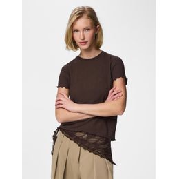 Kurzarmshirt Pieces "PCNICCA SS O-NECK TOP KAC BFD", Damen, Gr. M, hot fudge, Jersey, Obermaterial: 75% Viskose, 20% Polyester, 5% Elasthan, unifarben, normal, Rundhals, gewellter Abschluss, Shirts, Viskosemischung, slim fit