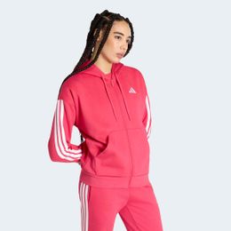 Kapuzensweatshirt adidas Sportswear "ESSENTIALS 3-STREIFEN FULL-ZIP FLEECE", Damen, Gr. M, pink (power pink, wei&szlig;), Obermaterial: 55% Baumwolle, 36% Polyester, 9% Viskose, angesetztes B&uuml;ndchen, Sweatshirts