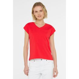 V-Shirt SENSES.THE LABEL, Damen, Gr. L, rot (spicy rot), Single Jersey, Material: 95% Baumwolle, 5% Elasthan, bedruckt, regular fit normal, V-Ausschnitt, angeschnitten gerader Abschluss, Shirts, mit &uuml;berschnittenen Schultern