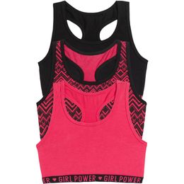 Bustier bonprix, M&auml;dchen, Gr. 152/158, N-Gr, pink (schwarz, hibiskuspink bedruckt), Obermaterial: 95% Baumwolle, 5% Elasthan, BHs Bustier, aus Baumwolle und Elasthan, 3er-Pack, mit modischem Schriftzug