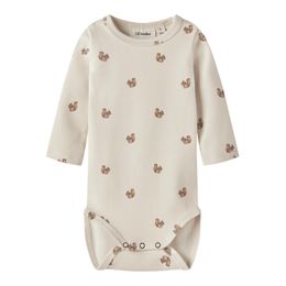 Langarmbody LIL' ATELIER "NBNLAYO KIM LS SLIM BODY LIL NOOS", Jungen, Gr. 68, N-Gr, beige (turtledove aop:squirrel), Jersey, Obermaterial: 57% Baumwolle, 38% Lyocell, 5% Elasthan, bedruckt, Rundhals, Bodys, Baumwollmischung