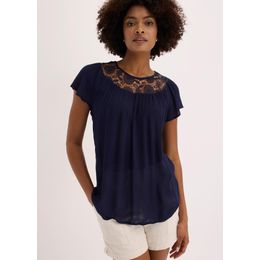 Kurzarmbluse bonprix "Bluse aus reiner Viskose", Damen, Gr. 42, dunkelblau, Cr&ecirc;pe, Obermaterial: 100% Viskose, gerade h&uuml;ftbedeckend, Rundhals, Raglan&auml;rmel, Blusen, bequeme Passform, Cr&ecirc;pe aus Viskose, mit tollem Spitzeneinsatz