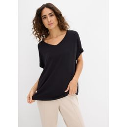 T-Shirt bonprix, Damen, Gr. 36/38 (S), schwarz, Jersey, Obermaterial: 95% Viskose, 5% Elasthan, oversize h&uuml;ftbedeckend, V-Ausschnitt, angeschnitten Umschlagsaum, Shirts T-Shirt, Oversize-Passform, V-Ausschnitt, f&uuml;r Fr&uuml;hling und Sommer