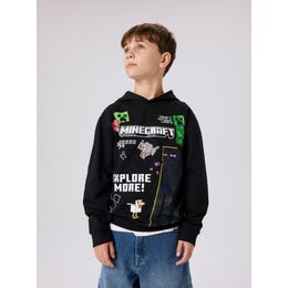 Kapuzensweatshirt name it "NKMJU MINECRAFT NREG SWE WH NOOS BRU BFU", Jungen, Gr. 116, schwarz, Sweatware, Obermaterial: 60% Baumwolle, 40% Polyester, bedruckt, regular fit normal, Rundhals, Rippb&uuml;ndchen, Sweatshirts, Baumwollmischung, regular fit, Minecraft Druck