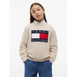 Sweatshirt Tommy Hilfiger, M&auml;dchen, Gr. 10 (140), beige (classic beige), Sweatware, Obermaterial: 100% Baumwolle, unifarben, regular fit normal, Rundhals, B&uuml;ndchen, Sweatshirts Sweatshirt, Regular Fit, Kinder bis 16 Jahre, Logo-Applikation