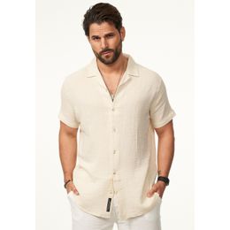 Kurzarmhemd Carisma "im Vintage Summer-Look in Crinkle Optik", Herren, Gr. L, US, grau (taupe), Obermaterial: 100% Baumwolle CO., Hemden, Herren luftig leichtes Kurzarm Feinstrick Polo-Hemd T-Shirt