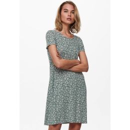 Minikleid Only "ONLBERA BACK LACE UP S/S DRESS JRS NOOS", Damen, Gr. M, N-Gr, gr&uuml;n (balsam gr&uuml;n with wei&szlig; flower), Jersey, Obermaterial: 95% Viskose, 5% Elasthan, gebl&uuml;mt, regular fit kurz, Rundhals, Kleider Minikleid, Viskosemischung, regular fit, Rundhals