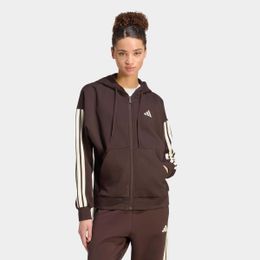 Kapuzensweatshirt adidas Sportswear "ESSENTIALS 3-STREIFEN FULL-ZIP FLEECE", Damen, Gr. L, braun (aurora coffee, ivory), Obermaterial: 55% Baumwolle, 36% Polyester, 9% Viskose, angesetztes B&uuml;ndchen, Sweatshirts