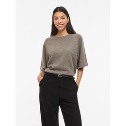 Strickpullover Vila "VILIGA 2/4 O-NECK KNIT TOP - NOOS", Damen, Gr. L, braun (falcon detail:melange), Strick, Obermaterial: 97% Polyester, 3% Elasthan, meliert, relaxed fit normal, Rundhals, Pullover Strickpullover, Materialmix, relaxed fit