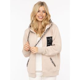 Kapuzensweatjacke Zwillingsherz "Zwillingsherz Leo", Damen, Gr. L/XL, hellbeige, Sweatware, Obermaterial: 50% Baumwolle, 50% Polyester, Sweatjacken, Leomuster Details, durchgehender Rei&szlig;verschluss, Kapuze, Taschen