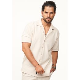 Kurzarmhemd Carisma "mit Rippstruktur im Summer-Look f&uuml;r Herren", Herren, Gr. L, US, beige, Obermaterial: 95% Polyester PES. 5% Elasthan EL., Hemden, Kurzarm Strick Polo-Hemd T-Shirt mit Streifenmuster