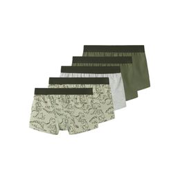 Trunk name it "NKMBOXER f&uuml;r Jungen mit Logoschriftzug und weichem Bund", Jungen, Gr. 110, 5 Stk., seagrass aop:dino, beetle, grau melange, Jersey, Obermaterial: 95% Baumwolle, 5% Elasthan, bedruckt, meliert, Unterhosen, eng, Jersey, aquamarine, angesetztes B&uuml;ndchen