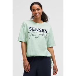 Rundhalsshirt SENSES.THE LABEL, Damen, Gr. M/L, pastel lime, Single Jersey, Material: 100% Baumwolle, bedruckt, regular fit normal, Rundhals, eingesetzt gerader Abschluss, Shirts Rundhalsshirt, mit Bindeband am Saum