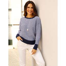 Rundhalspullover Classic Basics "Pullover", Damen, Gr. 38, blau (marine, wei&szlig;, gemustert), 50% Baumwolle, 50% Polyacryl, gemustert, mehrfarbig, Pullover Rundhalspullover