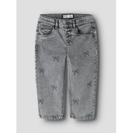 Mom-Jeans name it "NMFBELLA MOM SHAPED JEANS 3555-ON NOOS", M&auml;dchen, Gr. 104, N-Gr, grau (light grau denim aop:bow), Denim/Jeans, Obermaterial: 74% Baumwolle, 24% Polyester, 1% Elasthan, 1% Viskose, bedruckt, weit kn&ouml;chellang, Jeans