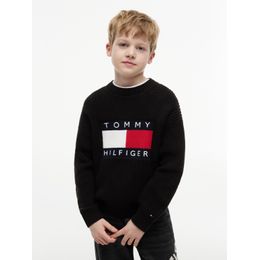 Strickpullover Tommy Hilfiger "HERITAGE FLAG", Jungen, Gr. 6 (116), schwarz, Strick, Obermaterial: 60% Baumwolle, 40% Polyacryl, unifarben, regular fit normal, Rundhals, B&uuml;ndchen, Pullover Strickpullover, Rundhalsausschnitt, Rippstrick, Kinder bis 16 Jahre