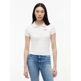 Poloshirt Tommy Jeans "TJW SLIM RIB SCRIPT POLO", Damen, Gr. L (42/44), ecru, Single Jersey, Obermaterial: 95% Baumwolle, 5% Elasthan, unifarben, slim fit normal, Rundhals, Shirts, Baumwollmischung, slim fit, figurbetont, in gerippter Struktur