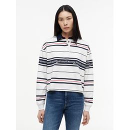 Sweatshirt Tommy Jeans "TJW RLX SCRIPT RUGBY", Damen, Gr. L (42/44), ecru, Sweatware, Obermaterial: 100% Baumwolle, gestreift, relaxed fit normal, Rundhals, Sweatshirts Sweatshirt, Baumwolle, relaxed fit, Polokragen
