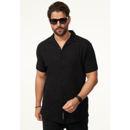 Kurzarmhemd Carisma "im Vintage Summer-Look in Crinkle Optik", Herren, Gr. M, US, schwarz, Obermaterial: 100% Baumwolle CO., Hemden, Herren luftig leichtes Kurzarm Feinstrick Polo-Hemd T-Shirt