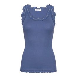 Spitzentop rosemunde "Babette Silk Top mit Seide", Damen, Gr. L, jeansblau, Feinstrick, Obermaterial: 70% Seide, 30% Baumwolle, k&ouml;rpernah h&uuml;ftbedeckend, Rundhals, Tops Spitzentop, Vintage-Spitzenbesatz, mit Rundhalsausschnitt, hoher Seidenanteil