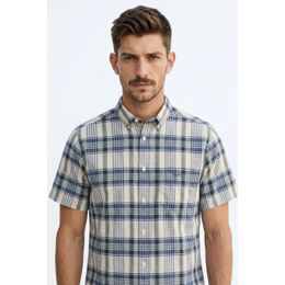 Kurzarmhemd Gant "REGULAR INDIAN MADRAS CHECK", Herren, Gr. M, N-Gr, faded denim, Web, Obermaterial: 100% Baumwolle, kariert, regular fit normal, Rundhals, eingesetzt abgesteppte Kante, Hemden, Regular fit mit Button-Down-Kragen