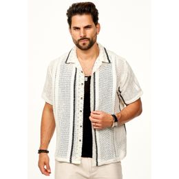 Kurzarmhemd Soulstar "Freizeithemd als Kurzam Strick Hemd im Retro-Look - Strick Polo-Hemd Overshirt im Regular-Fit f&uuml;r Herren", Herren, Gr. L, US, wei&szlig; (ecru, navy), Obermaterial: 80% Baumwolle CO. 20% Polyester PES., Hemden