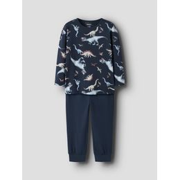 Schlafanzug name it "NMMNIGHTSET NAVY DINO NOOS", Jungen, Gr. 110/116, blau (navy blazer), Jersey, Obermaterial: 95% Baumwolle, 5% Elasthan, bedruckt, lang, Rundhals, Homewear-Sets Schlafanzug, Baumwollmischung, Oberteil mit Dino Druck