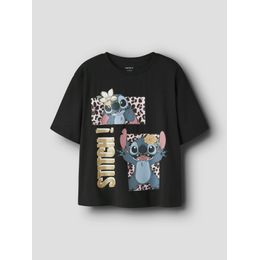 T-Shirt name it "NKFJYNA STITCH SS NREG TOP BOX NOOS WDI", M&auml;dchen, Gr. 116, schwarz, Jersey, Obermaterial: 95% Baumwolle, 5% Elasthan, bedruckt, regular fit normal, Rundhals, Shirts T-Shirt, Baumwollmischung, regular fit