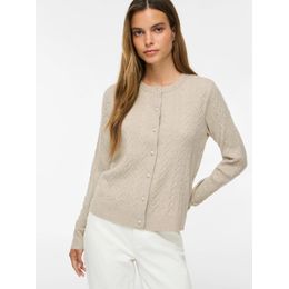 Strickjacke Vila "VIKERRY CABLE L/S KNIT CARDIGAN-NOOS", Damen, Gr. L, natural melange, Strick, Obermaterial: 53% Polyester, 30% Viskose, 17% Polyamid, unifarben, normal normal, Rundhals, gerader Abschluss, Strickjacken Strickjacke, Materialmix, normal geschnitten