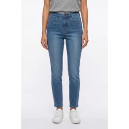 Straight-Jeans bonprix, Damen, Gr. 38, K-Gr, blau denim (l&auml;nge: kurz), Denim/Jeans, Obermaterial: 82% Baumwolle, 17% Polyester, 1% Elasthan, regular fit, Jeans Straight-Jeans, Regular Fit, Komfort-Stretch-Material, leichte Stoffqualit&auml;t