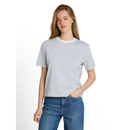 T-Shirt Tom Tailor Denim, Damen, Gr. S, blau (light blau), Single Jersey, Obermaterial: 100% Baumwolle, regular fit normal, Rundhals, gerader Abschluss, Shirts T-Shirt, mit Streifen Muster