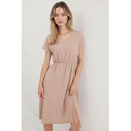 Texturiertes V-Ausschnitt Midi-Strickkleid mit Schlitz
