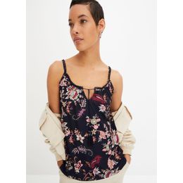 Spaghettitop bonprix, Damen, Gr. 44/46 (L), dunkelblau, Obermaterial: 95% Viskose, 5% Elasthan, gerade, Tops, gerade Passform, mit Spitzenborte am Ausschnitt, &auml;rmellos