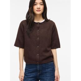 Strickjacke Vila "VILIGA 2/4 O-NECK KNIT CARDIGAN - NOOS", Damen, Gr. L, coffee bean detail:melange, Obermaterial: 97% Polyester, 3% Elasthan, meliert, regular fit normal, Rundhals, Strickjacken Strickjacke, Materialmix, regular fit