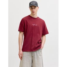 Jack & Jones T-Shirt JACK & JONES "JORCASSIS PHOTO BACK TEE SS CREW NECK", Jungen, Gr. L, cabernet, Jersey, Obermaterial: 100% Baumwolle, bedruckt, regular fit normal, Rundhals, gerader Abschluss, Shirts T-Shirt, mit Print