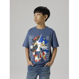 T-Shirt name it "NKMJULLE SONIC SS NREG TOP NOOS SKY", Jungen, Gr. 116, blau (vintage indigo), Jersey, Obermaterial: 100% Baumwolle, bedruckt, regular fit normal, Rundhals, Shirts T-Shirt, Baumwolle, regular fit