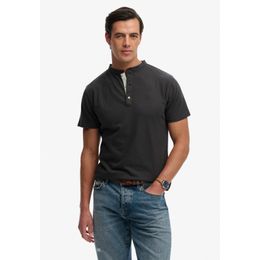 T-Shirt Superdry "CLASSIC COTTON LIN SS GRANDAD", Jungen, Gr. L, schwarz (schwarz charcoal), Single Jersey, Obermaterial: 80% Baumwolle, 20% Leinen, unifarben, regular fit normal, Rundhals, Shirts T-Shirt, mit Markenlabel, aus Baumwolle und Leinen, in Single Jersey, Kurzarm