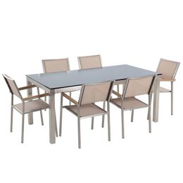 Beliani GARTENM&Ouml;BEL-SET 6-Sitzer Glasplatte schwarz Textilbespannung beige Grosseto
