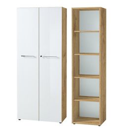 KADIMA DESIGN B&Uuml;RO-SET MUENCHEN 2-teilig | Schrank & Regal 5 OH | Glas Front & Abschlie&szlig;bar | Chalet-Eiche-Nb./Wei&szlig;