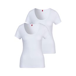 T-Shirt HUGO UNDERWEAR "TWIN", Damen, Gr. XXL (44), wei&szlig; (wei&szlig;100), Jersey, Obermaterial: 95% Baumwolle, 5% Elasthan, bedruckt, unifarben, Basic, regular fit h&uuml;ftbedeckend, Rundhals, eingesetzt abgesteppt, Shirts T-Shirt, mit vertikalem Logodruck